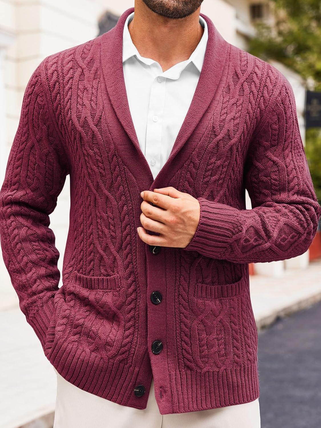 Runcati Mens Shawl Collar Cardigan Sweater Casual Cable Knit Button ...