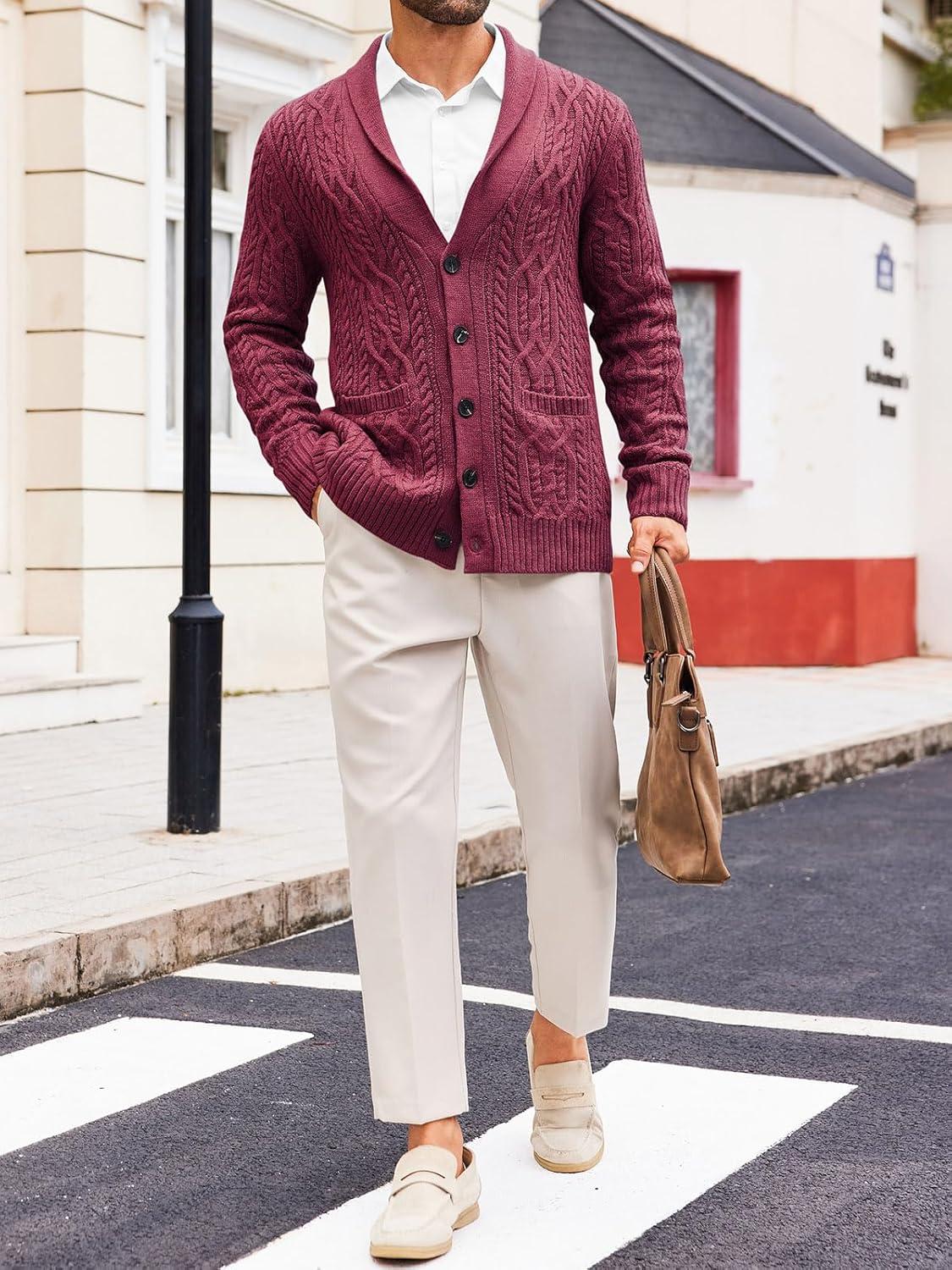 Runcati Mens Shawl Collar Cardigan Sweater Casual Cable Knit Button ...