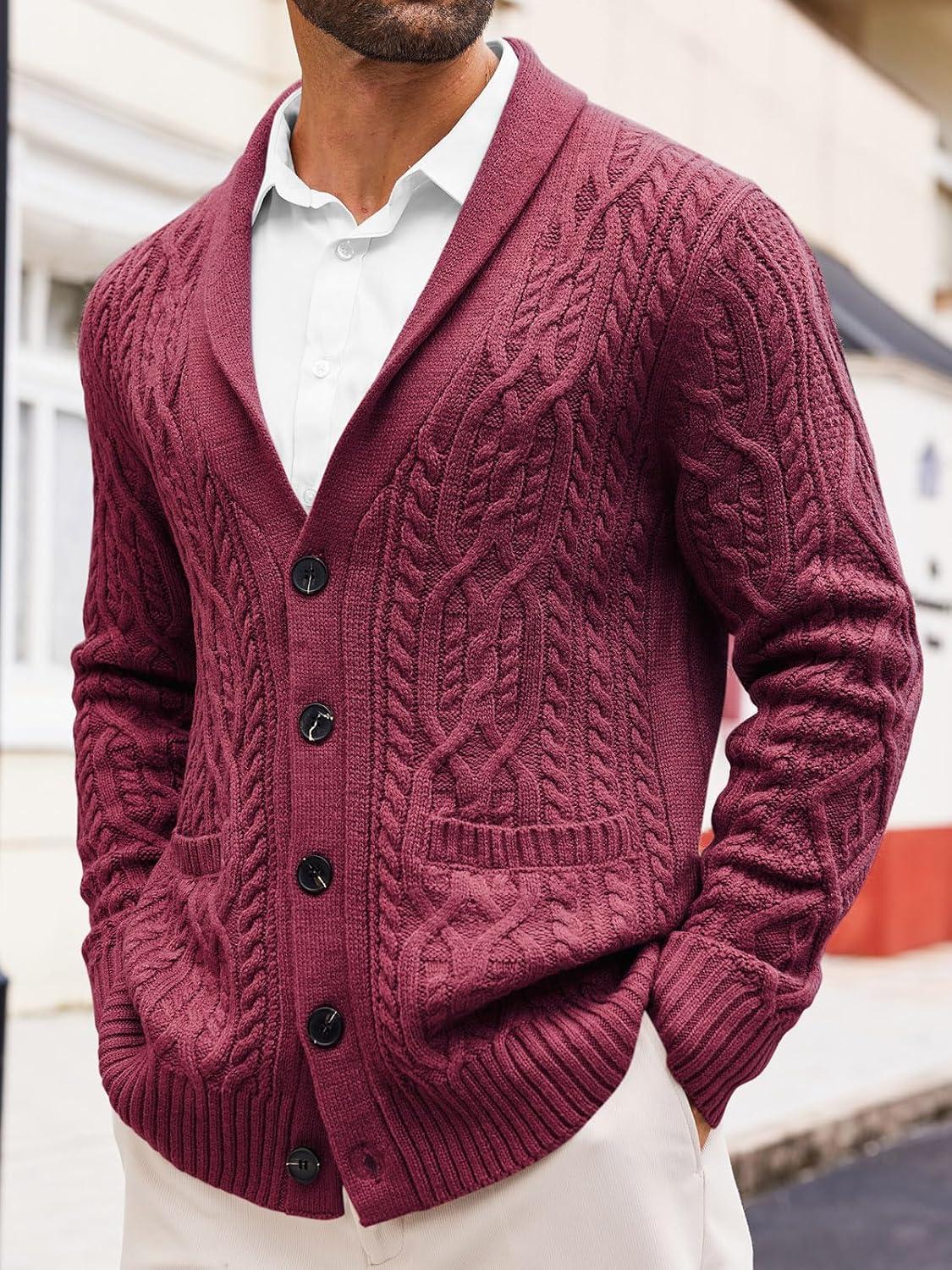 Runcati Mens Shawl Collar Cardigan Sweater Casual Cable Knit Button ...