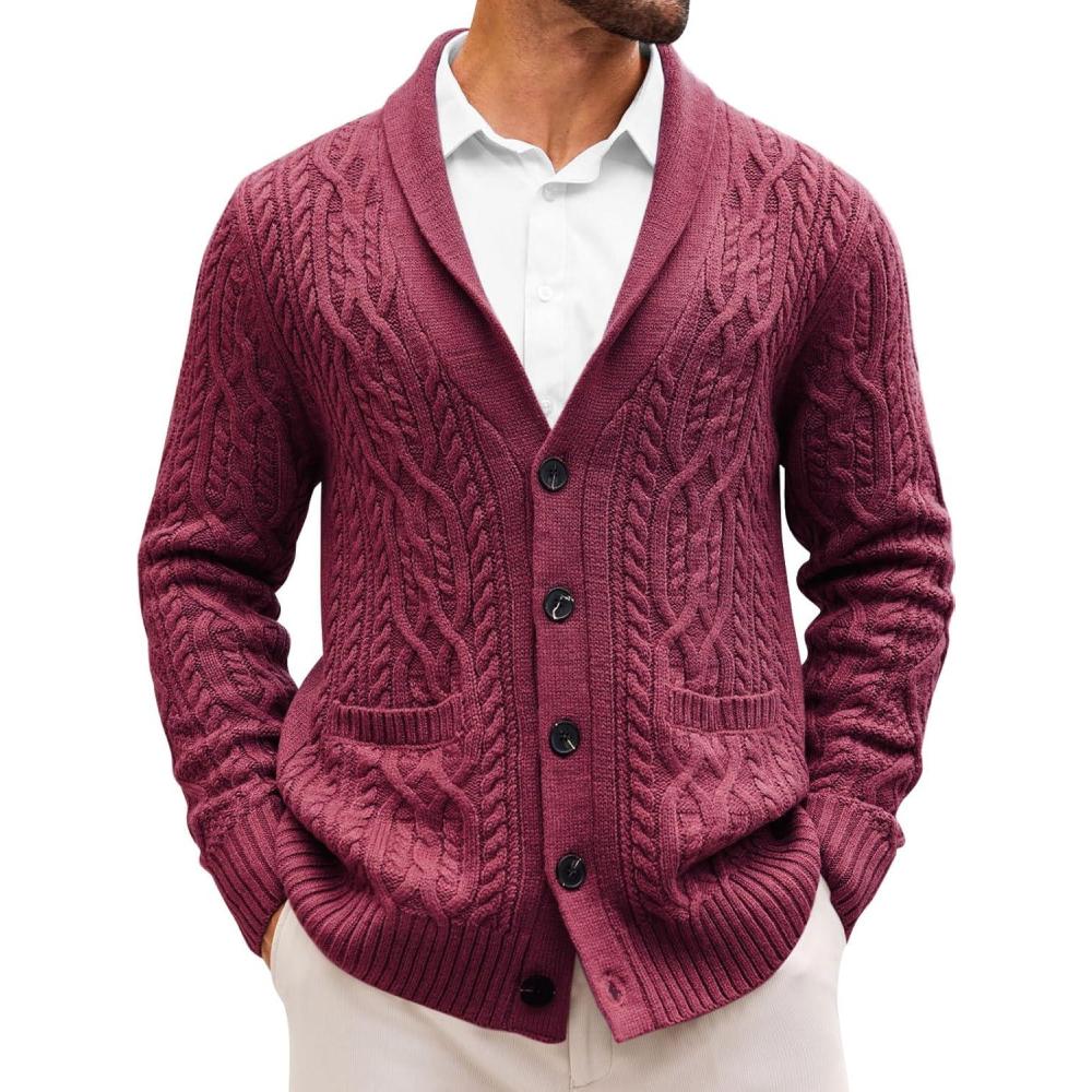Runcati Mens Shawl Collar Cardigan Sweater Casual Cable Knit Button ...